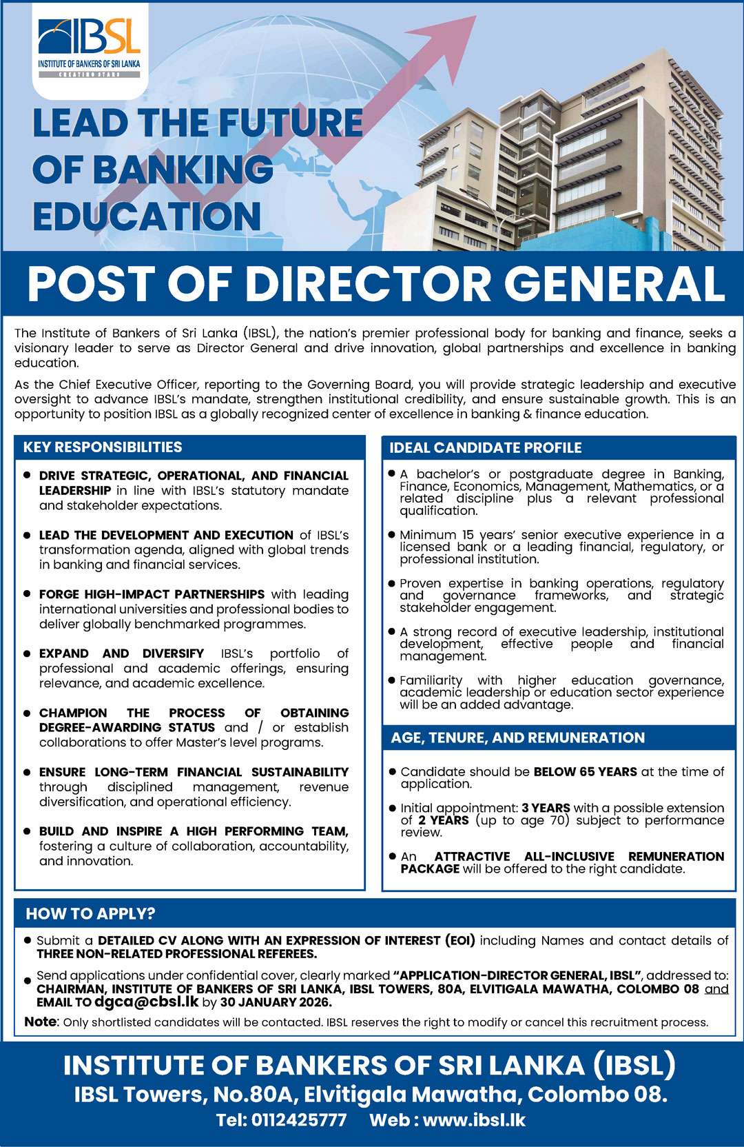 POST OF DIRECTOR GENERAL - IBSL